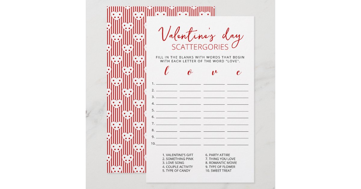 Valentine's day Scattergories editable game | Zazzle