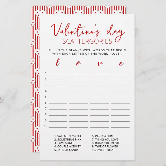 Valentine's day Scattergories editable game | Zazzle