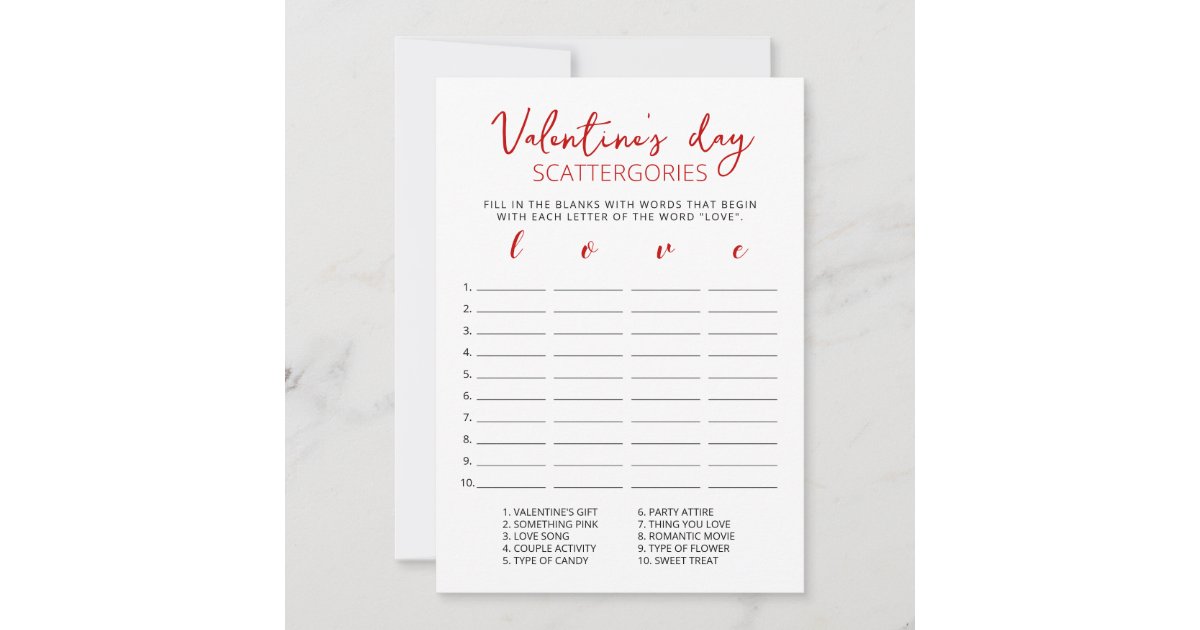 Valentine's day Scattergories editable game Card | Zazzle