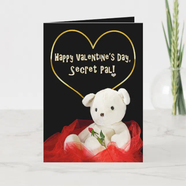 Valentine's Day - SECRET PAL- Teddy Bear/Red Rose Holiday Card | Zazzle