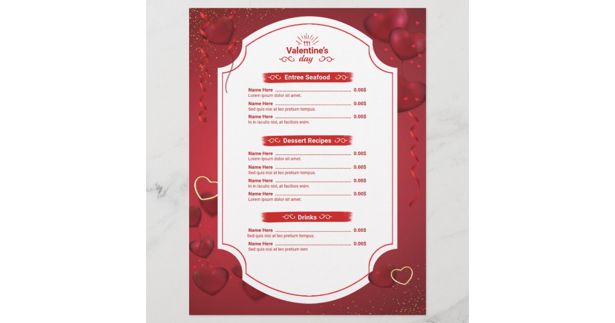 Valentine's day Special Menu Card Flyer | Zazzle