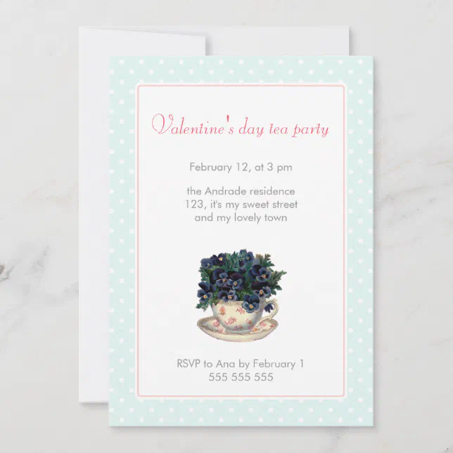 Valentines Day Tea Party Pink Blue Polka Dot Girly Invitation | Zazzle