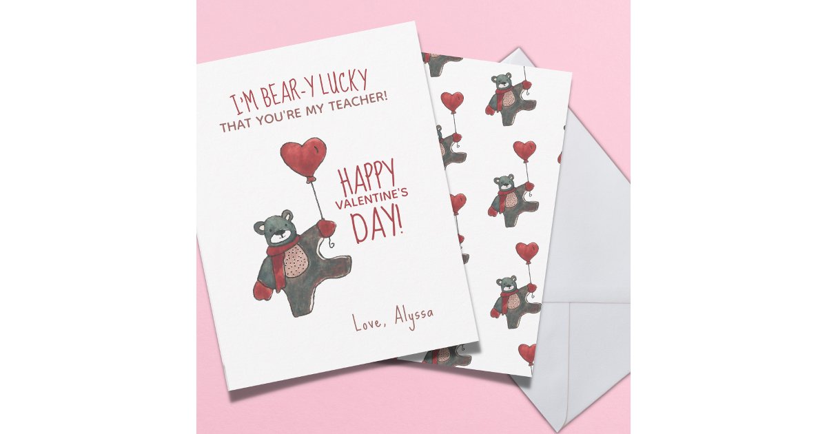 Valentine's Day Teddy Bear Teacher Valentine Holiday Card | Zazzle