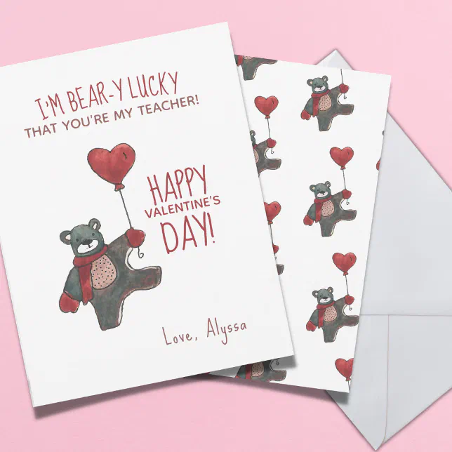Valentine's Day Teddy Bear Teacher Valentine Holiday Card | Zazzle