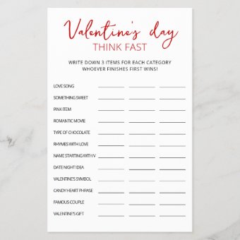 Valentine's day Think Fast, Think Quick party game | Zazzle