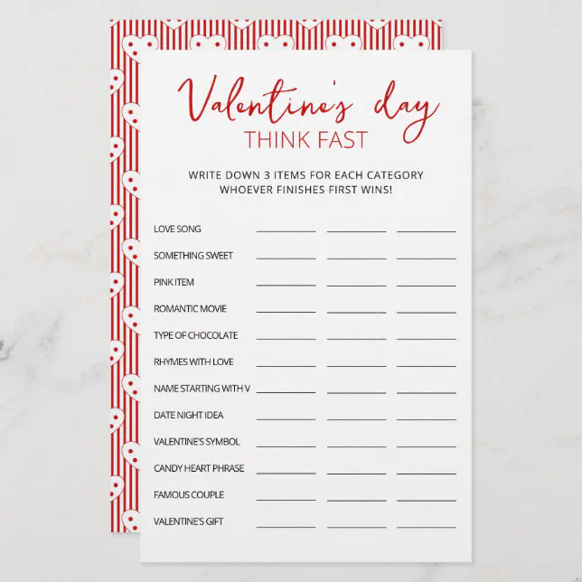 Valentine's day Think Fast, Think Quick party game | Zazzle