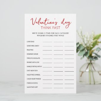 Valentine's day Think Fast, Think Quick party game | Zazzle