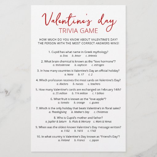 Valentine's day Trivia Game with Answers | Zazzle