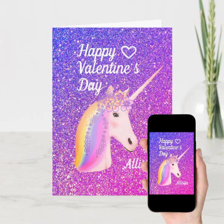 Valentines Day Unicorn Purple Pink Glitter Name Holiday Card | Zazzle