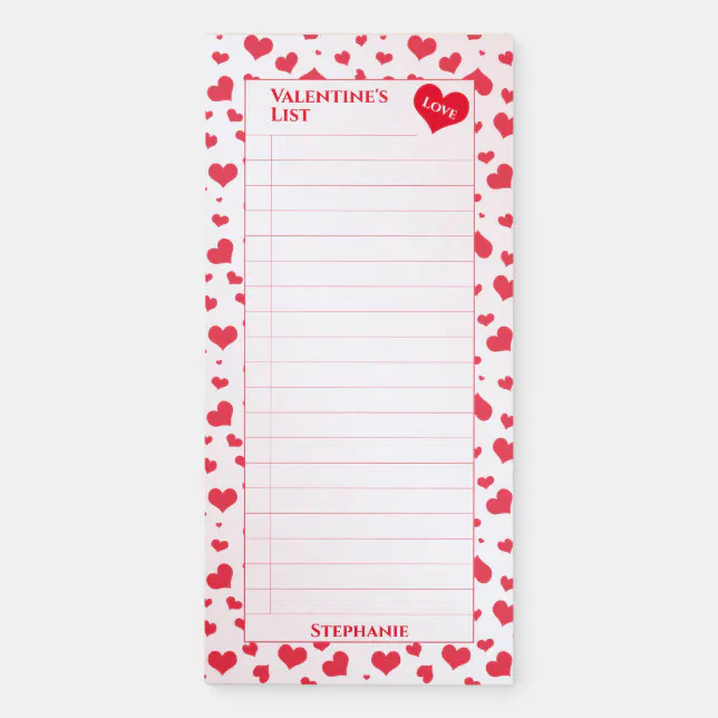 Valentine's List | Red Random Hearts Pattern Magnetic Notepad | Zazzle