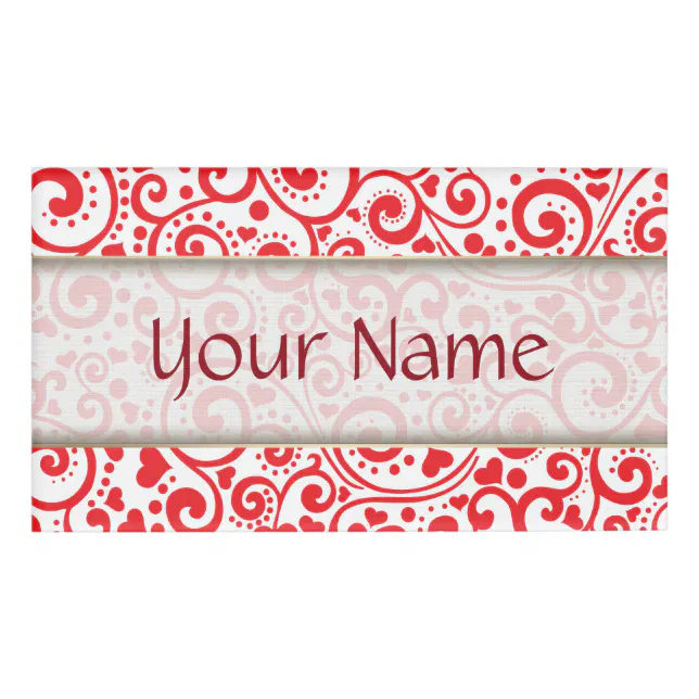 Valentines - Red Hearts and Swirls Seamless Name Tag | Zazzle