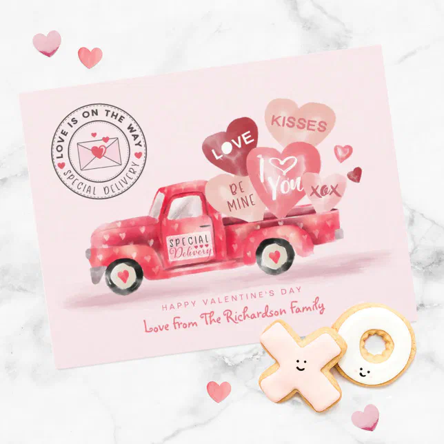 Valentine's Special Delivery Red Watercolor Truck Postcard | Zazzle