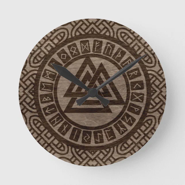 Valknut Symbol and Runes on Celtic Pattern on Wood Round Clock | Zazzle
