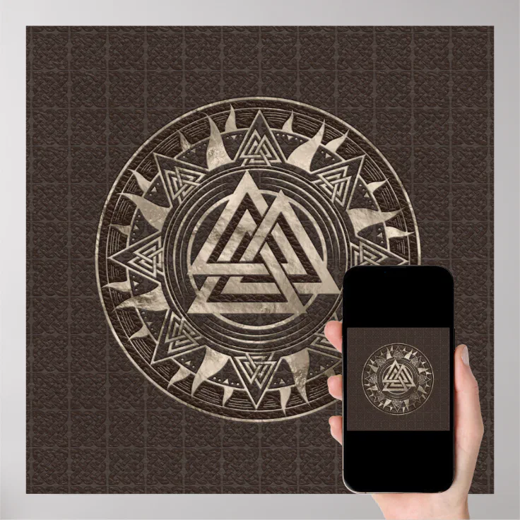 Valknut Symbol - Brown Leather and gold Poster | Zazzle