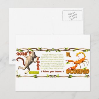 ValxArt Zodiac Earth Monkey Scorpio born 1968 2028 Postcard | Zazzle