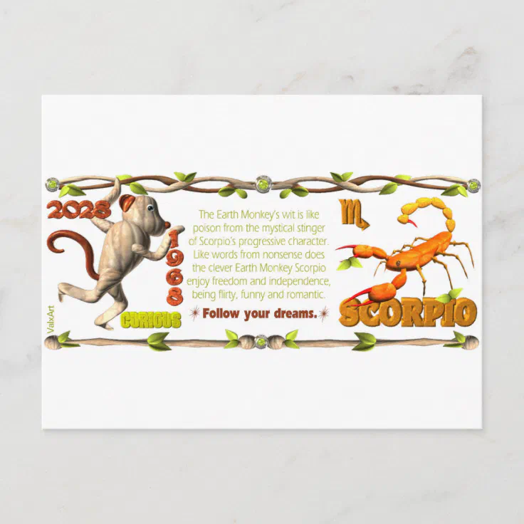 ValxArt Zodiac Earth Monkey Scorpio born 1968 2028 Postcard | Zazzle