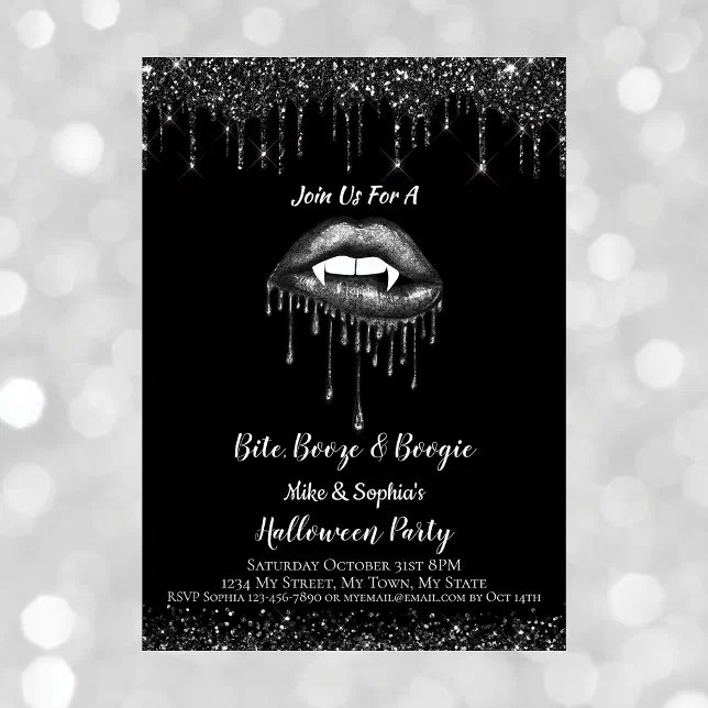 Vampire Black Glitter Lips & Fangs Adult Halloween Invitation | Zazzle