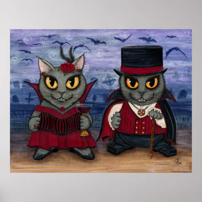 Vampire Cat Couple Gothic Cemetery Fantasy Art Pri Poster | Zazzle