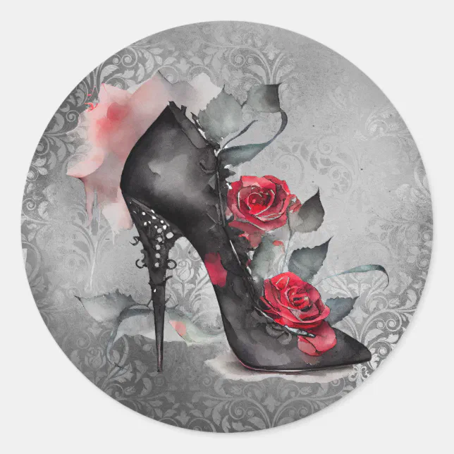 Vampy Spiked Stiletto | Red Rose High Heel Grunge Classic Round Sticker ...