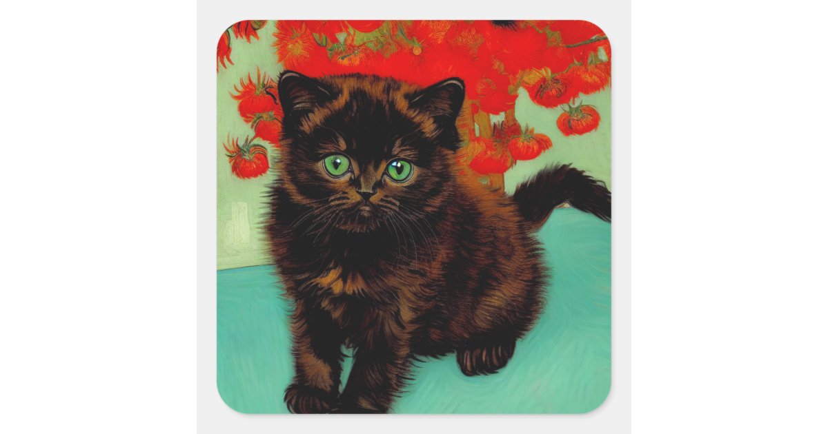 Van Gogh Black Cat Red Flowers Square Sticker | Zazzle