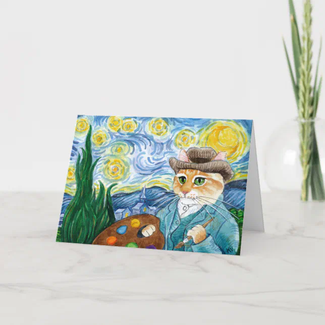 Van Gogh Cat, Starry Night spoof Card | Zazzle