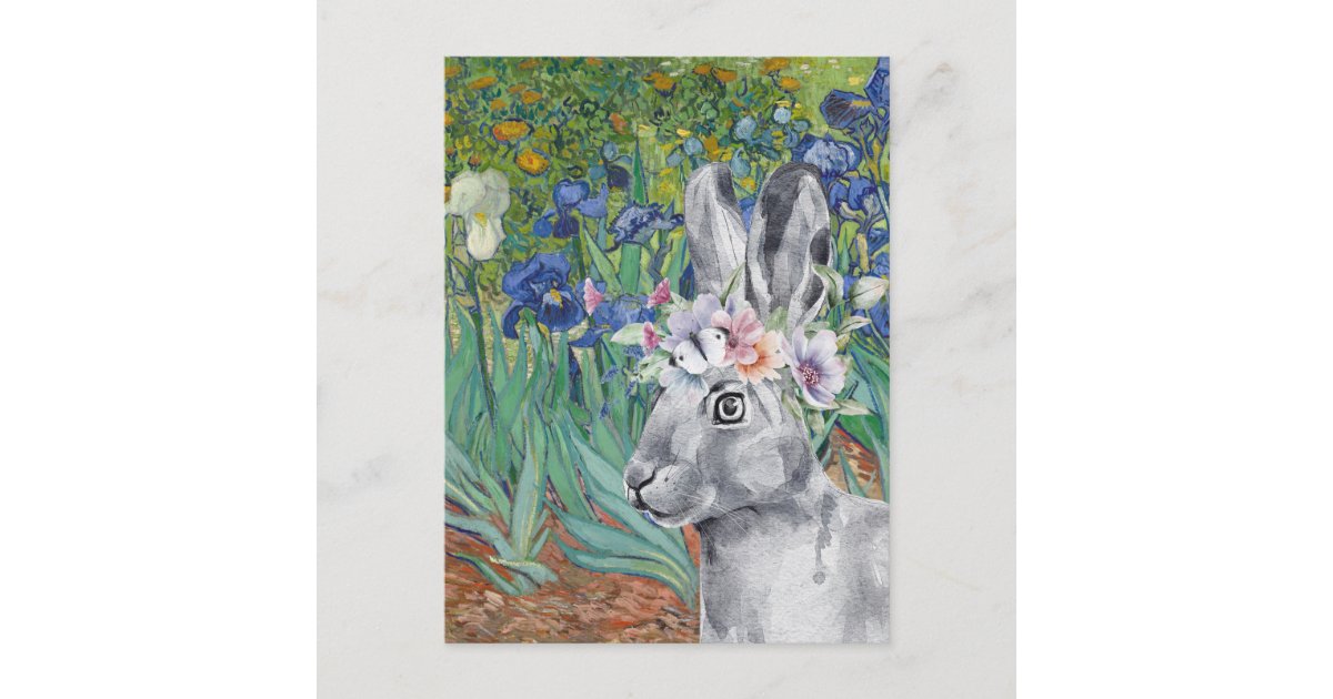 Van Gogh's Irises and Fancy Rabbit Postcard | Zazzle