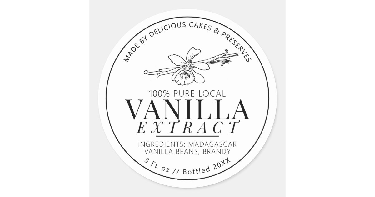 Vanilla extract flower and bean drawing product classic round sticker ...