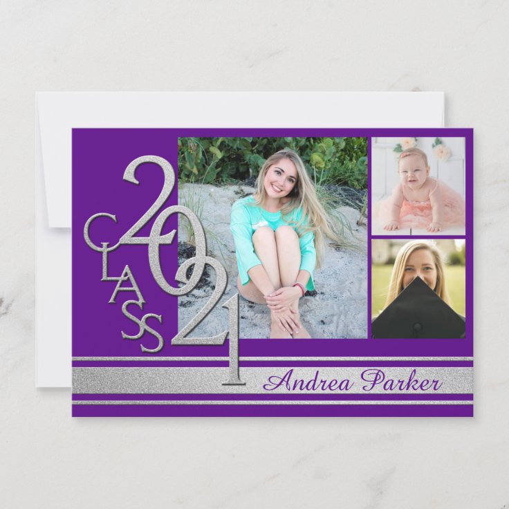 Varsity 2021 Grad Color Option Tri Photo Invitatio Invitation | Zazzle