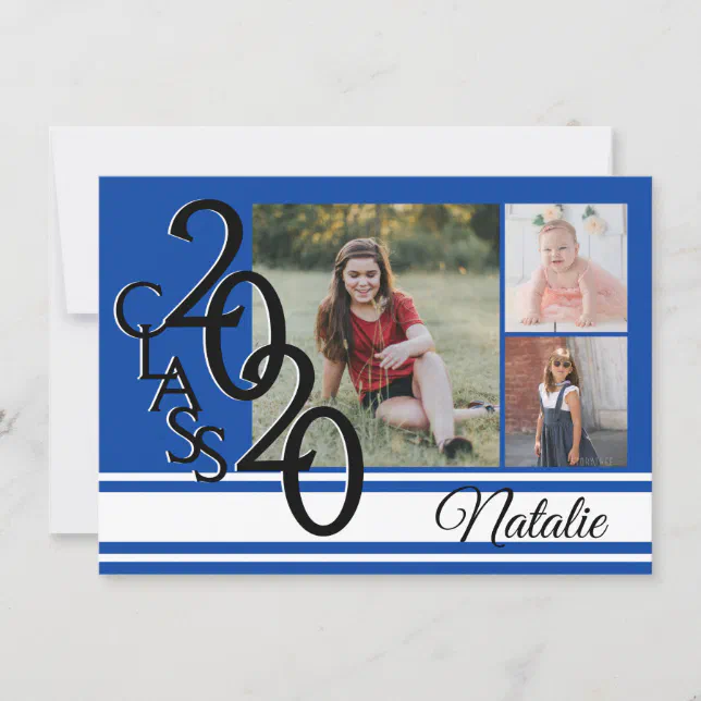 Varsity Blue 2020 Graduation Tri Photo Invitation | Zazzle