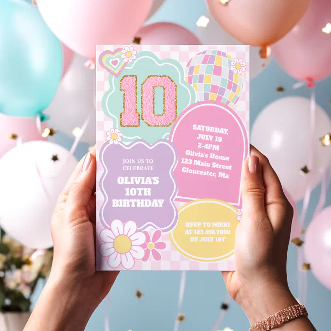 Varsity preppy pastel patch 10th Birthday Invitation | Zazzle
