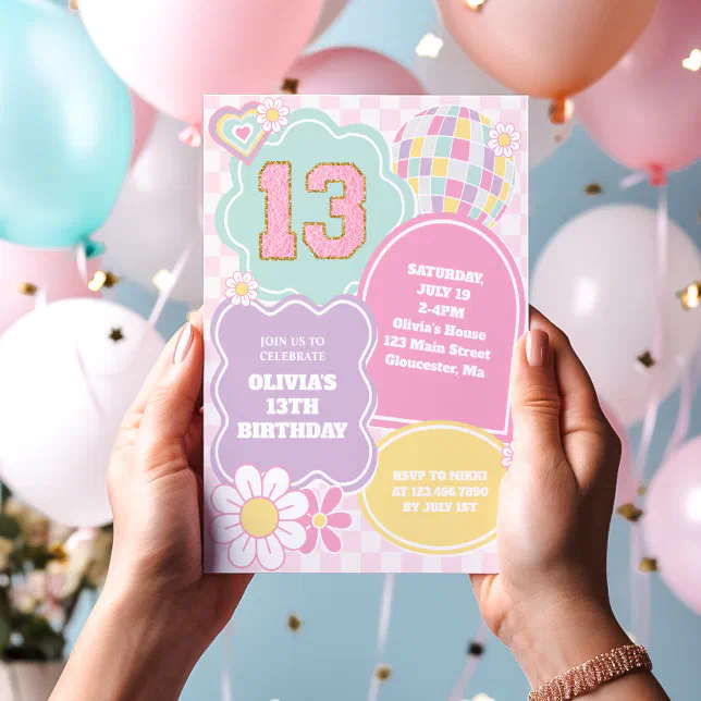 Varsity preppy pastel patch 13th Birthday Invitation | Zazzle