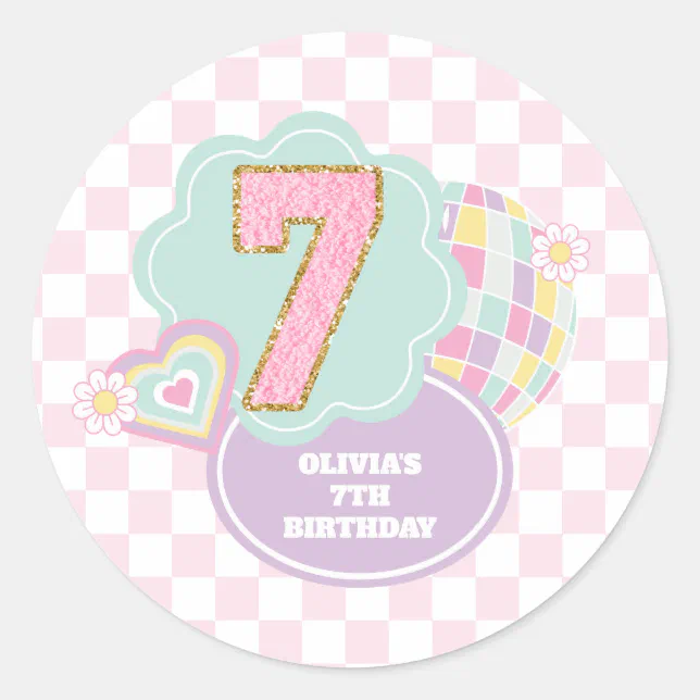 Varsity preppy pastel patch 7th Birthday Classic Round Sticker | Zazzle