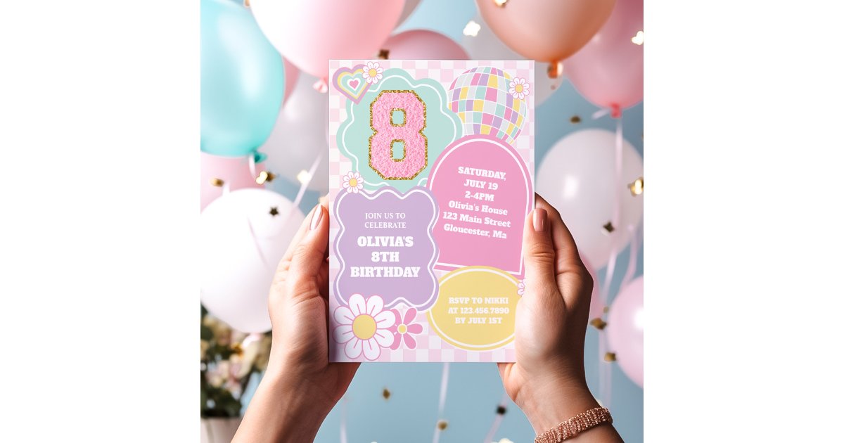 Varsity preppy pastel patch 8th Birthday Invitation | Zazzle