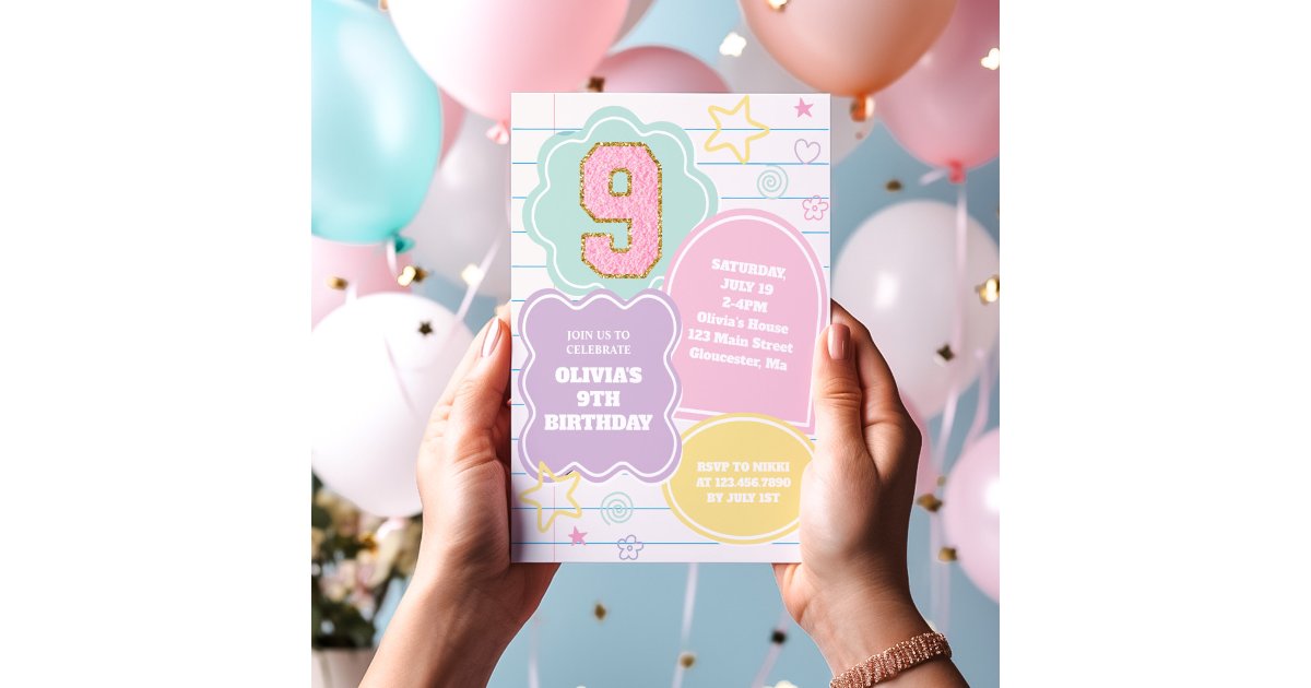 Varsity preppy pastel patch notebook 9th Birthday Invitation | Zazzle