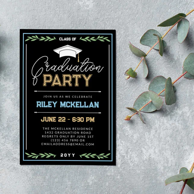 Varsity Typography Black Blue Graduation Party Invitation | Zazzle