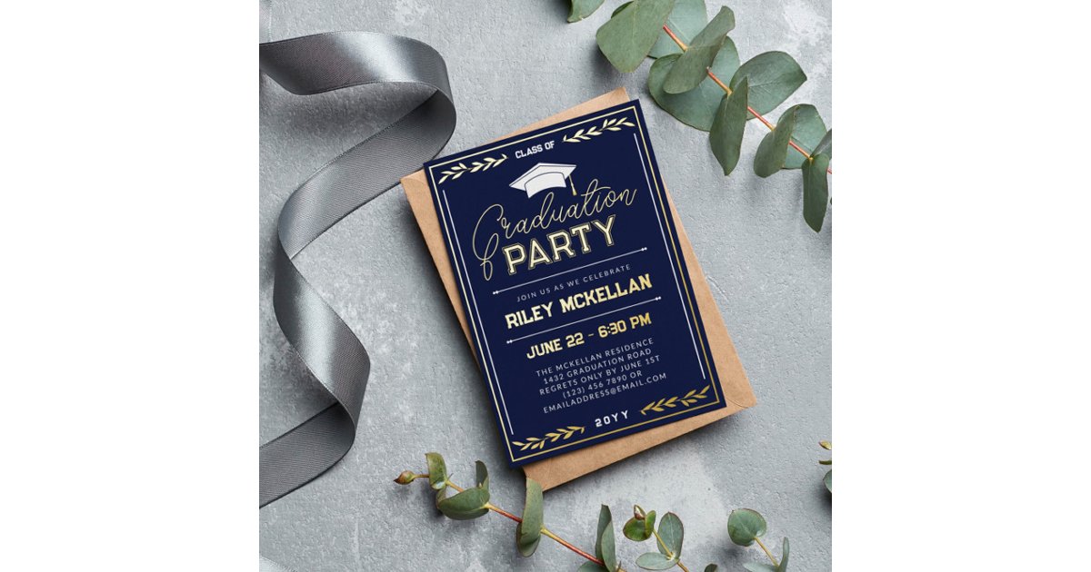 Varsity Typography Navy Gold Graduation Party Foil Invitation | Zazzle