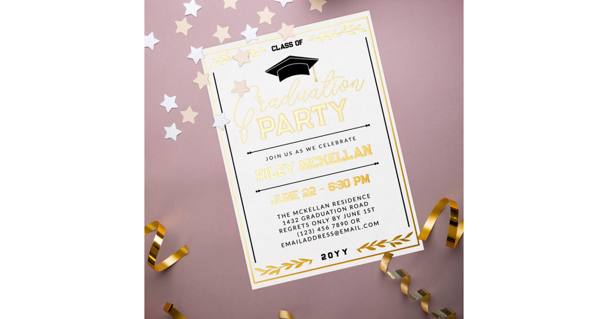 Varsity Typography White Gold Graduation Party Foil Invitation | Zazzle