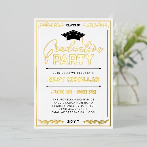 Varsity Typography White Gold Graduation Party Foil Invitation | Zazzle