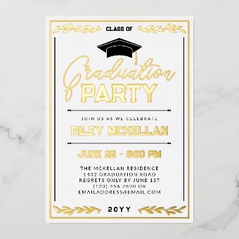 Varsity Typography White Gold Graduation Party Foil Invitation | Zazzle