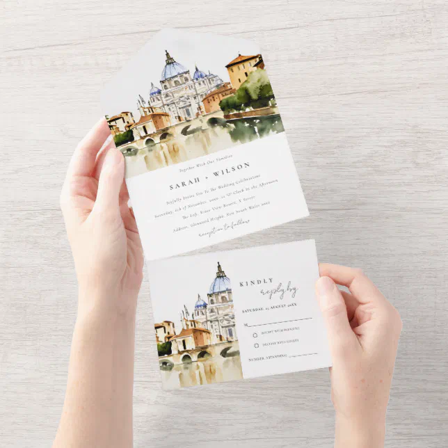 Vatican Rome Italy Watercolor Landscape Wedding All In One Invitation ...