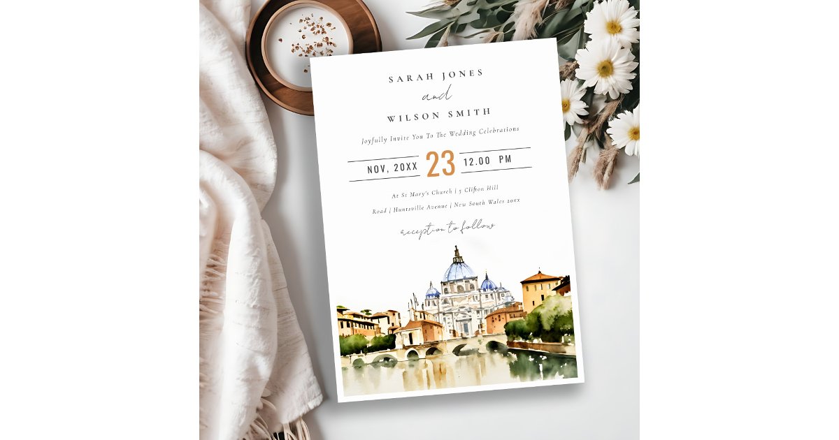 Vatican Rome Italy Watercolor Landscape Wedding Invitation | Zazzle