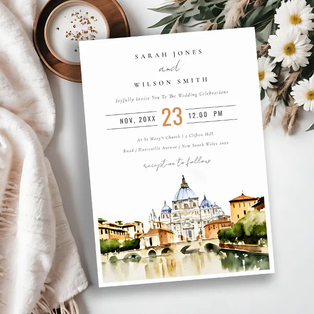 Vatican Rome Italy Watercolor Landscape Wedding Invitation | Zazzle