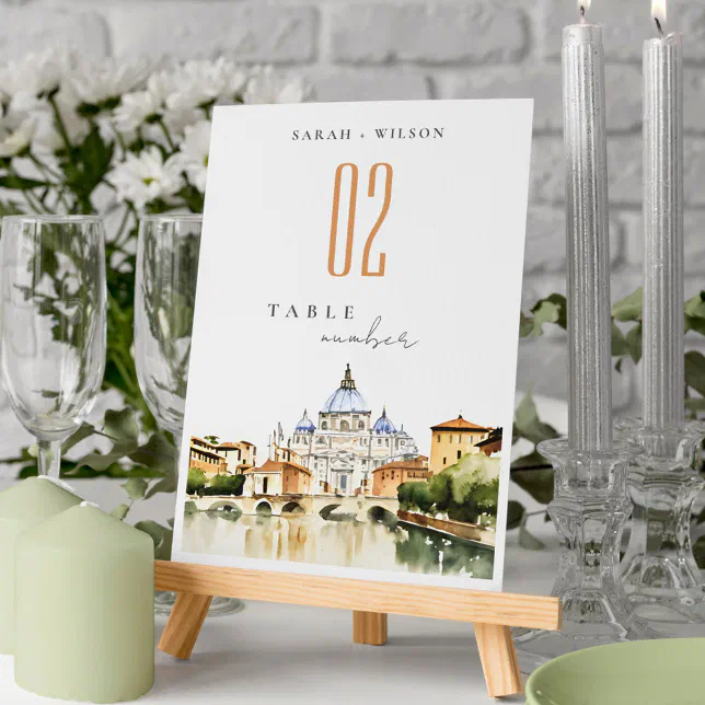 Vatican Rome Italy Watercolor Landscape Wedding Table Number | Zazzle