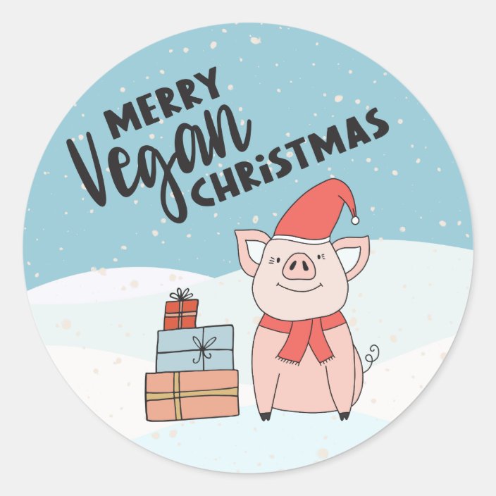 Vegan Christmas with nice piglet and presents Classic Round Sticker ...