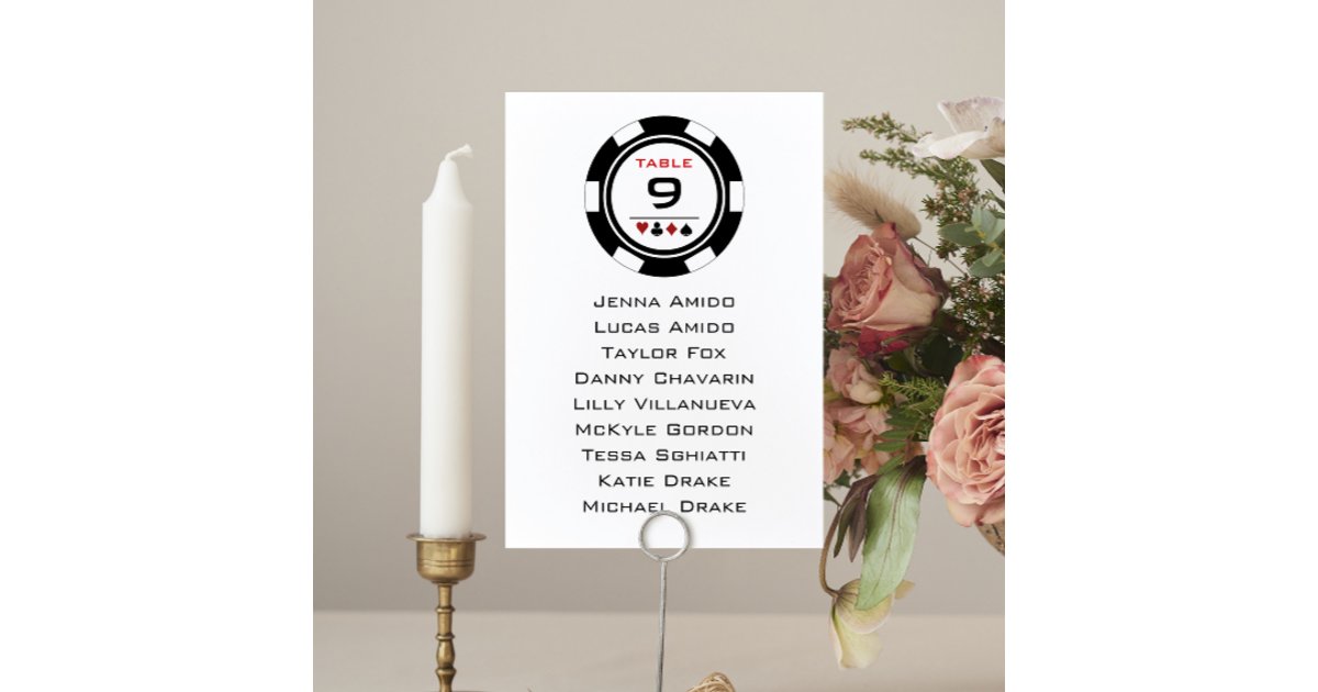Vegas Black Poker Chip Wedding Seating Chart Card | Zazzle