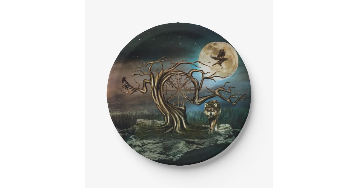 Vegvisir Tree Moon landscape Paper Plates | Zazzle