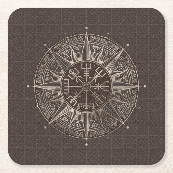 Vegvisir - Viking Compass - Brown Leather and gold Square Paper Coaster ...