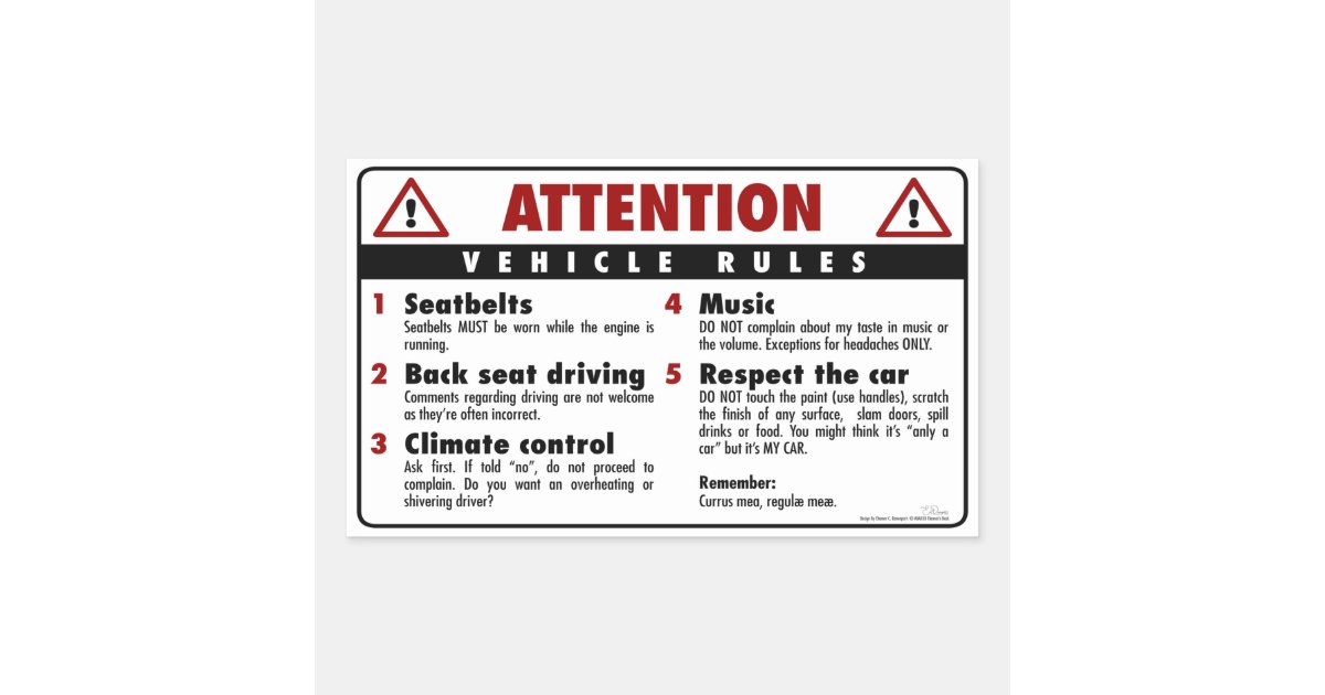 Vehicle Rules - Red and White Rectangular Sticker | Zazzle