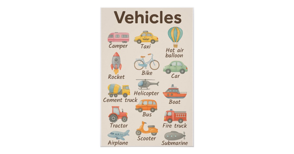 Vehicles for Kids – Fun and Educational Transport Poster | Zazzle