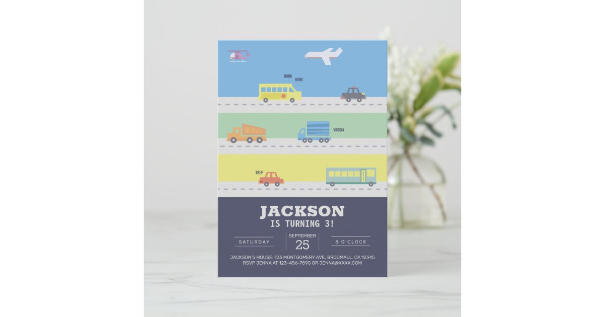 Vehicles, Trucks, Airplanes, Cars Blue Birthday Invitation | Zazzle